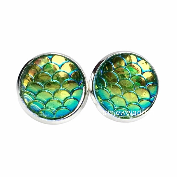 thejeweladdict | Jewelry | 3 For 5 Green Iridescent Mermaid Scale Studs | Poshmark